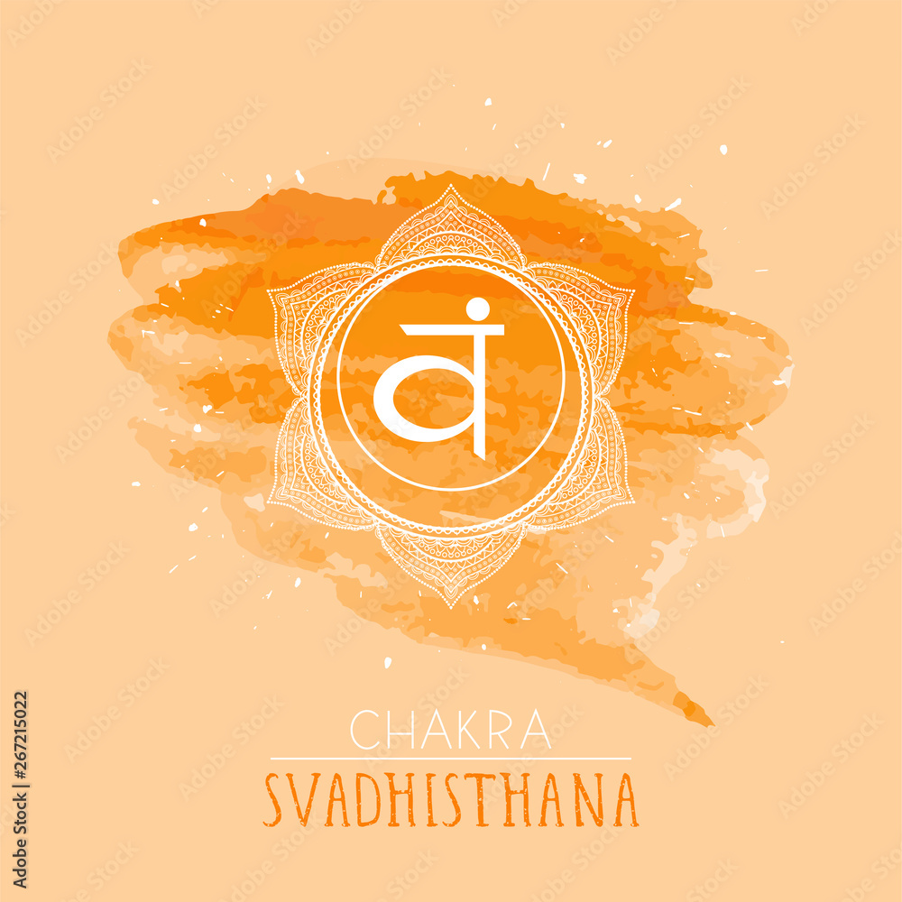 Vector illustration with symbol chakra Svadhishana on watercolor ...