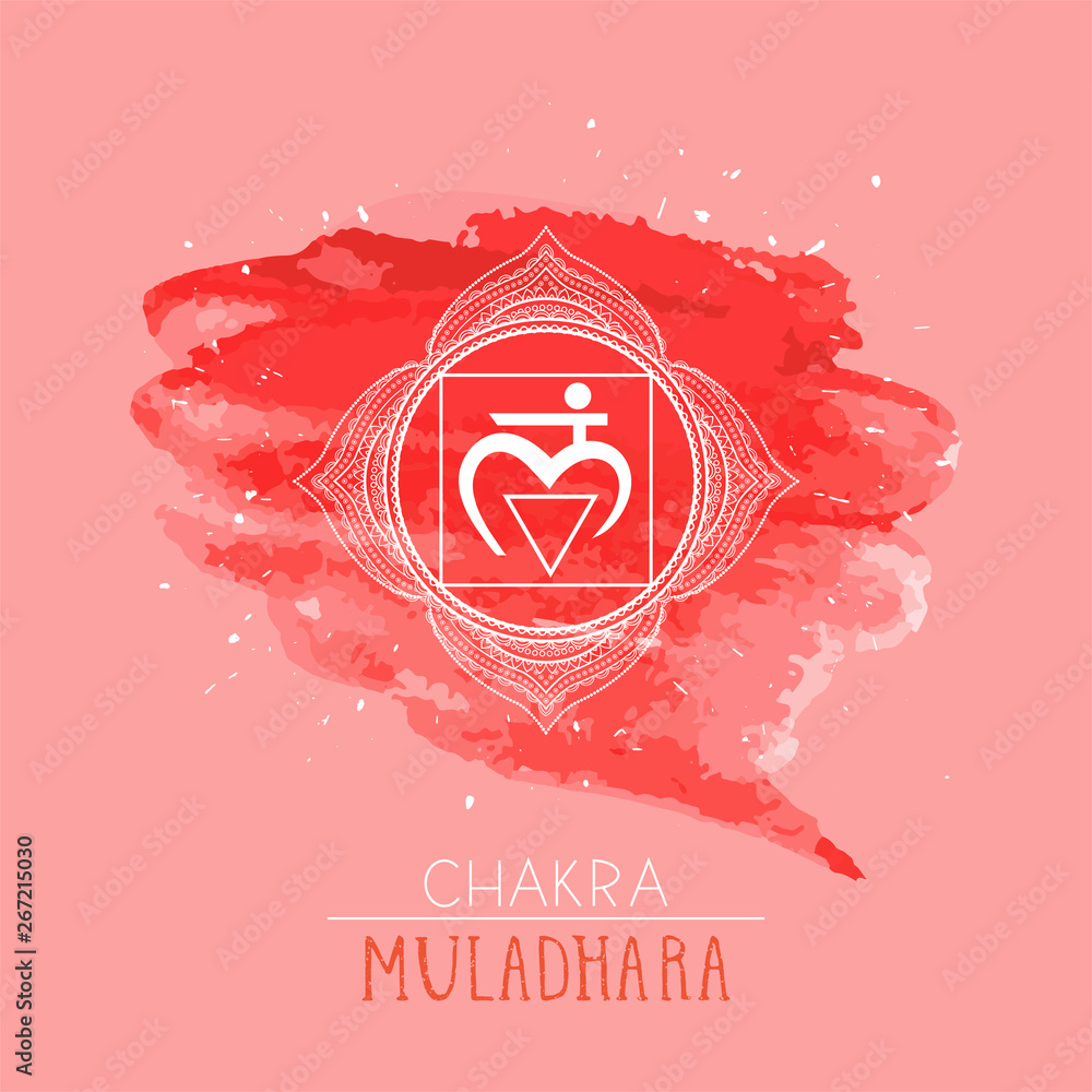 Vector illustration with symbol chakra Muladhara on watercolor ...