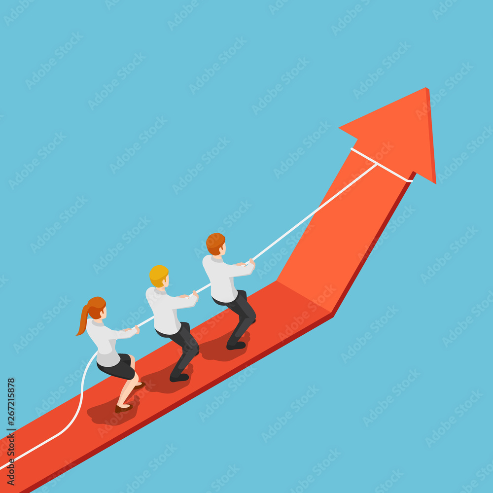 Isometric business team pull red arrow graph up Stock Vector | Adobe Stock