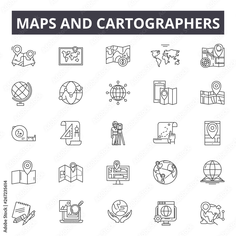 Maps and cartographers line icons, signs, vector set, outline concept ...