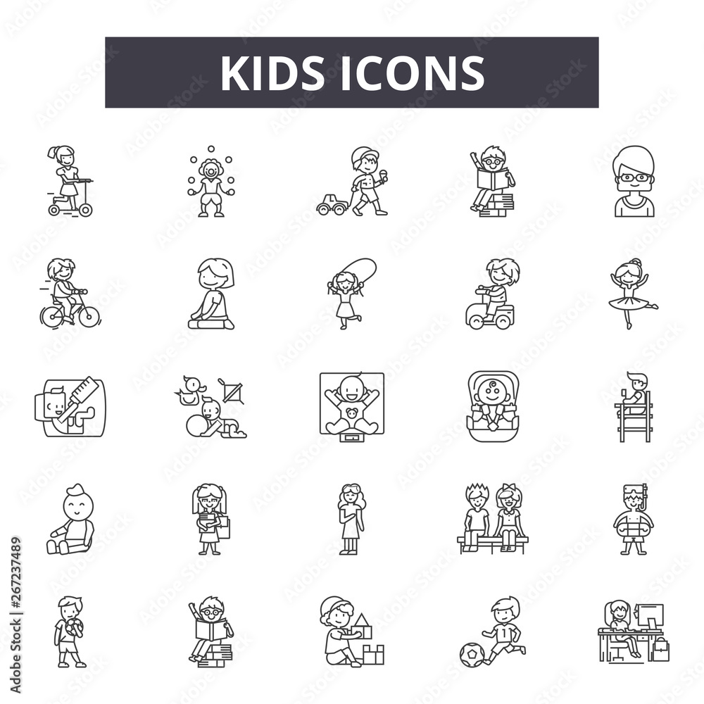 Kids line icons, signs, vector set, outline concept, linear ...