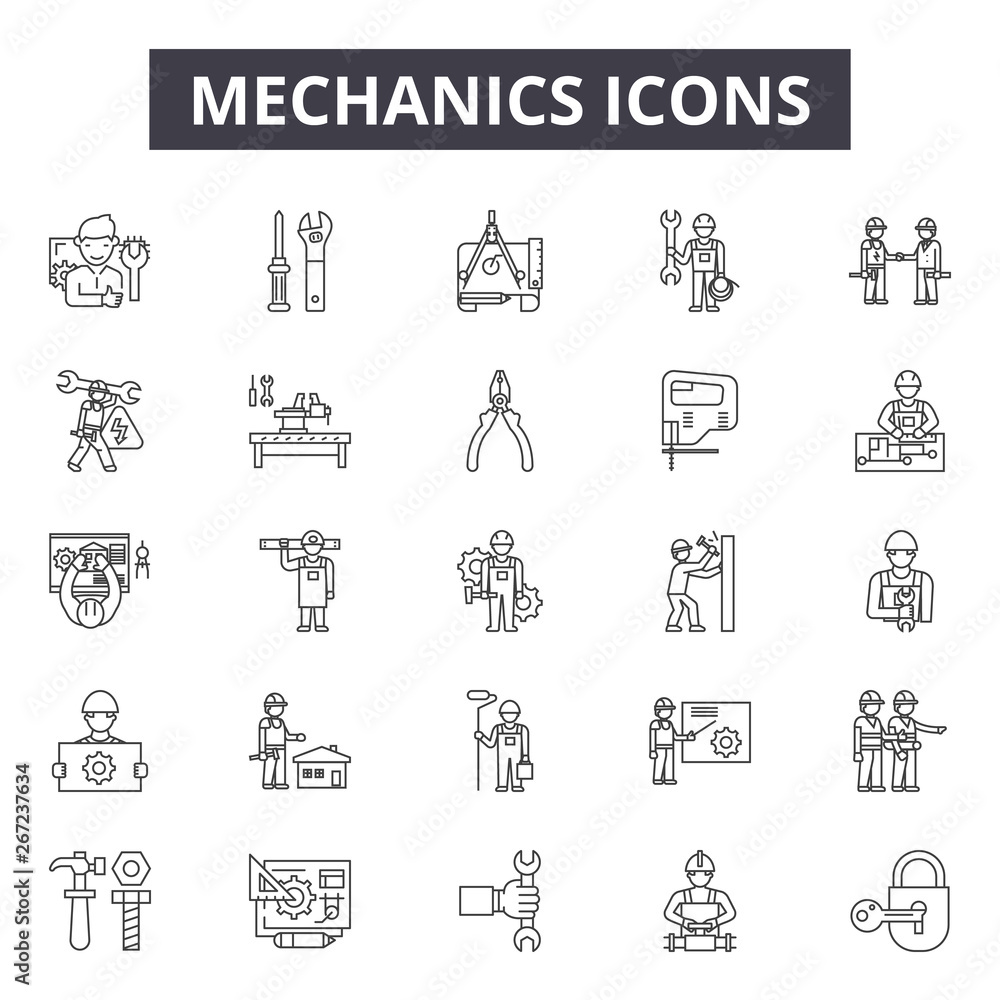 Mechanics line icons, signs, vector set, outline concept, linear ...