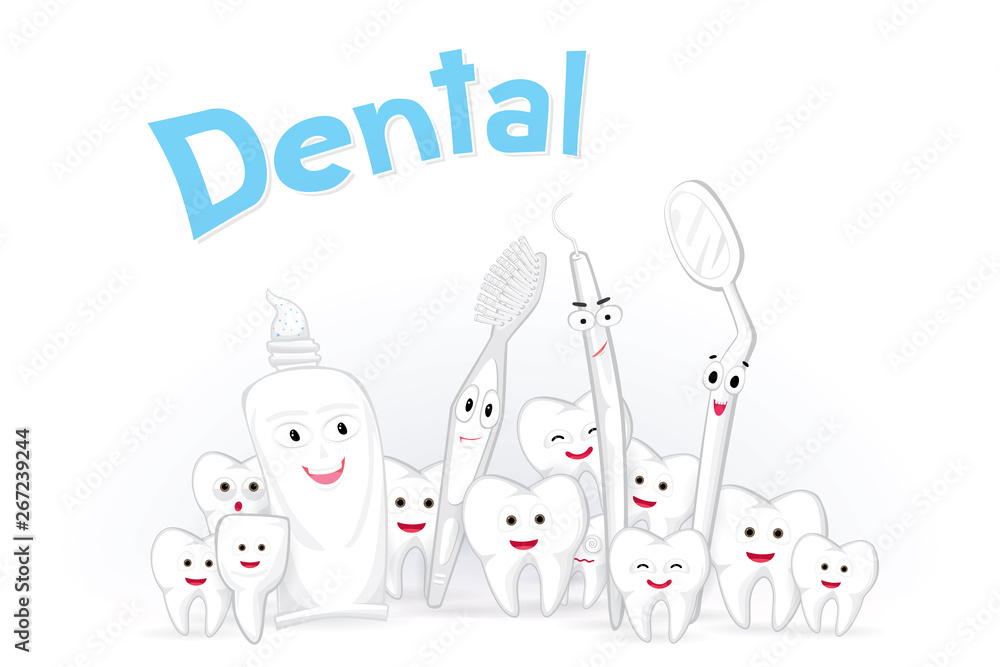Dental background with teeth cartoon character and oral healthcare ...