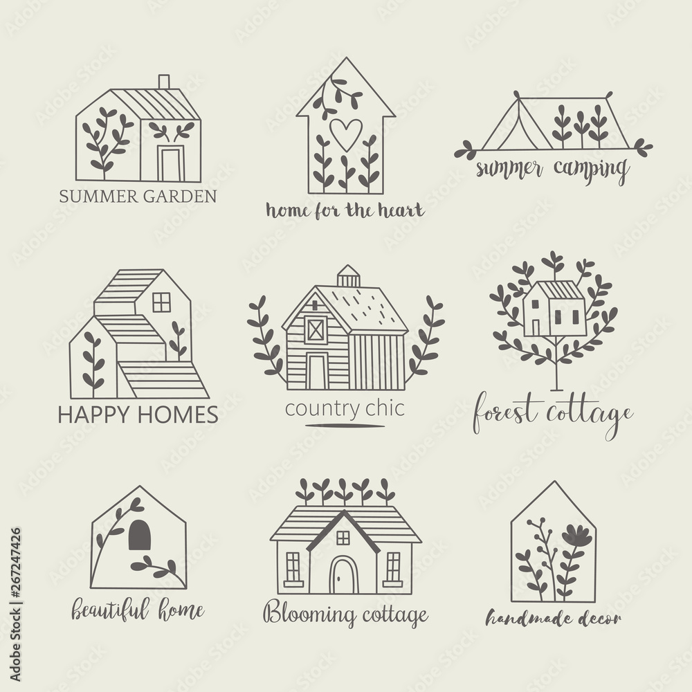 House, home, cottage and farm logo template with hand drawing icons ...