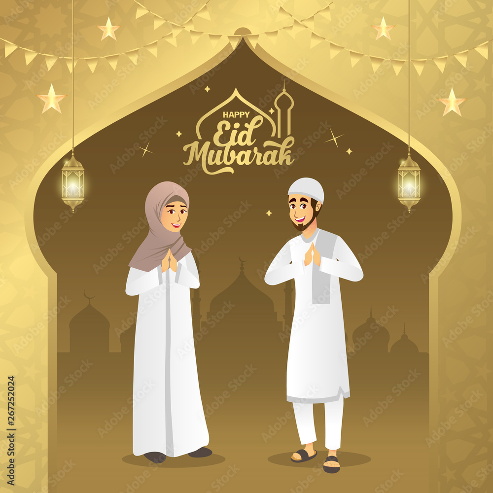 Eid mubarak greeting card. Cartoon muslim couple blessing Eid al fitr ...