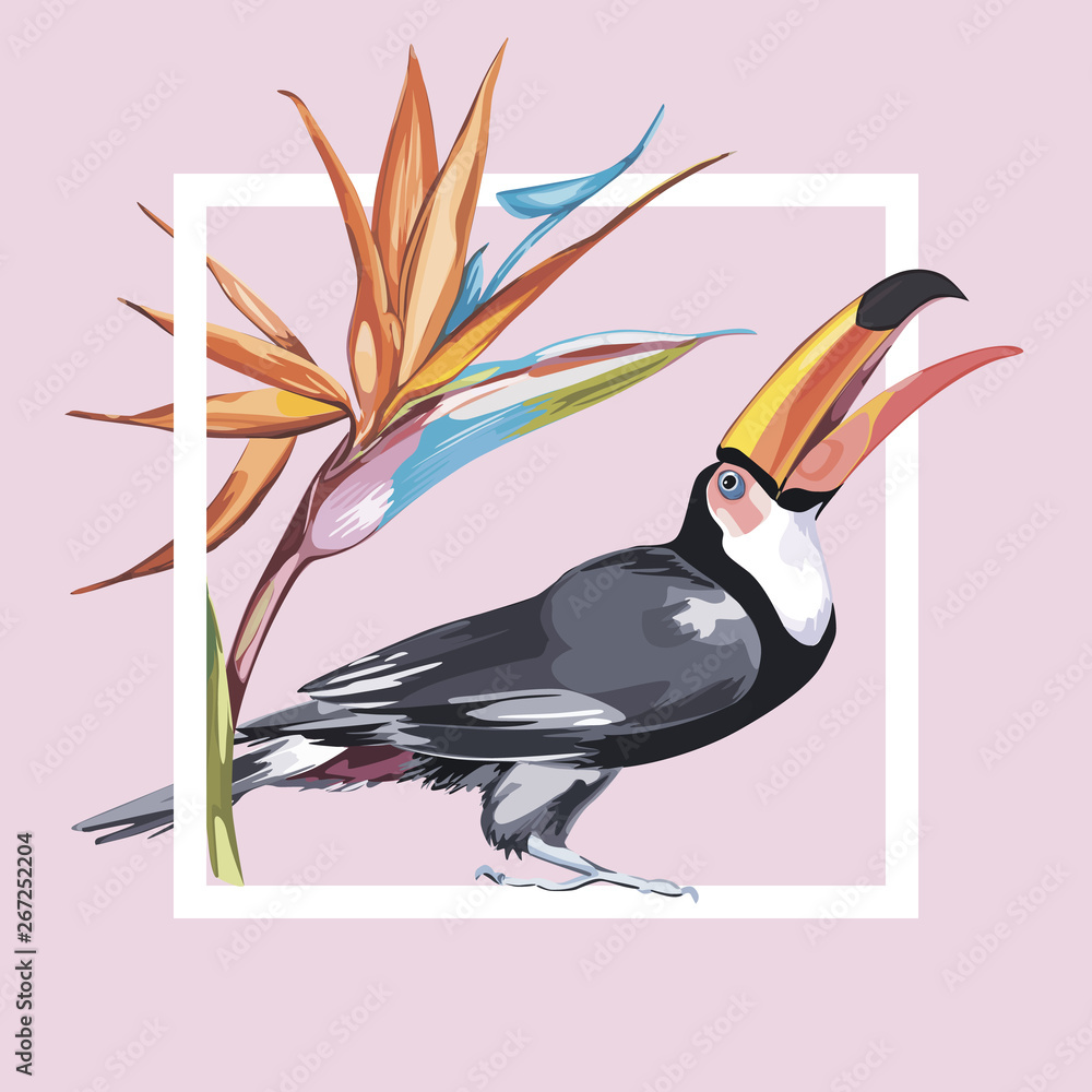 Toucan with tropical flowers strelitzia. Element for design of ...