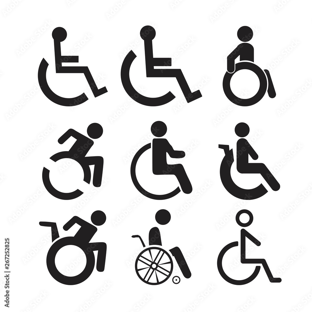 Set of disability people pictograms flat icons isolated on white ...