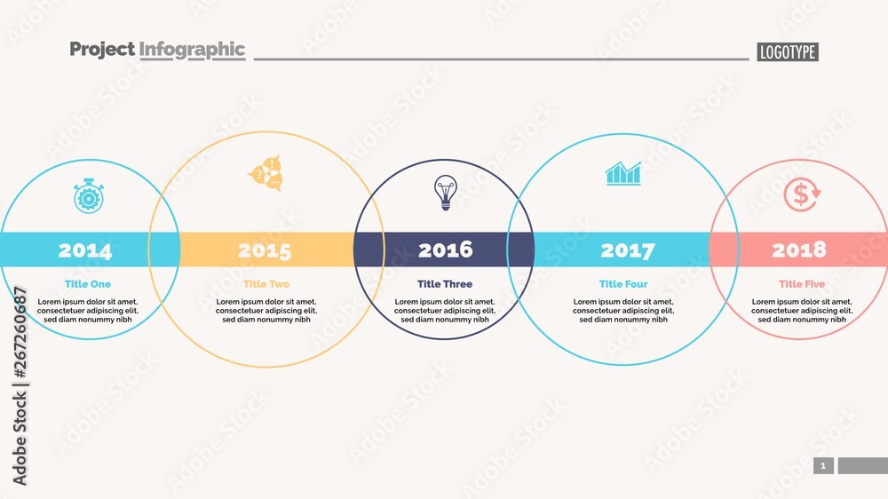 Five circle timeline and size diagram. Chart, slide, template. Creative ...