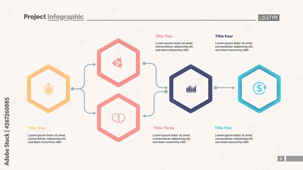Five elements flowchart slide template. Business data. Result, diagram ...