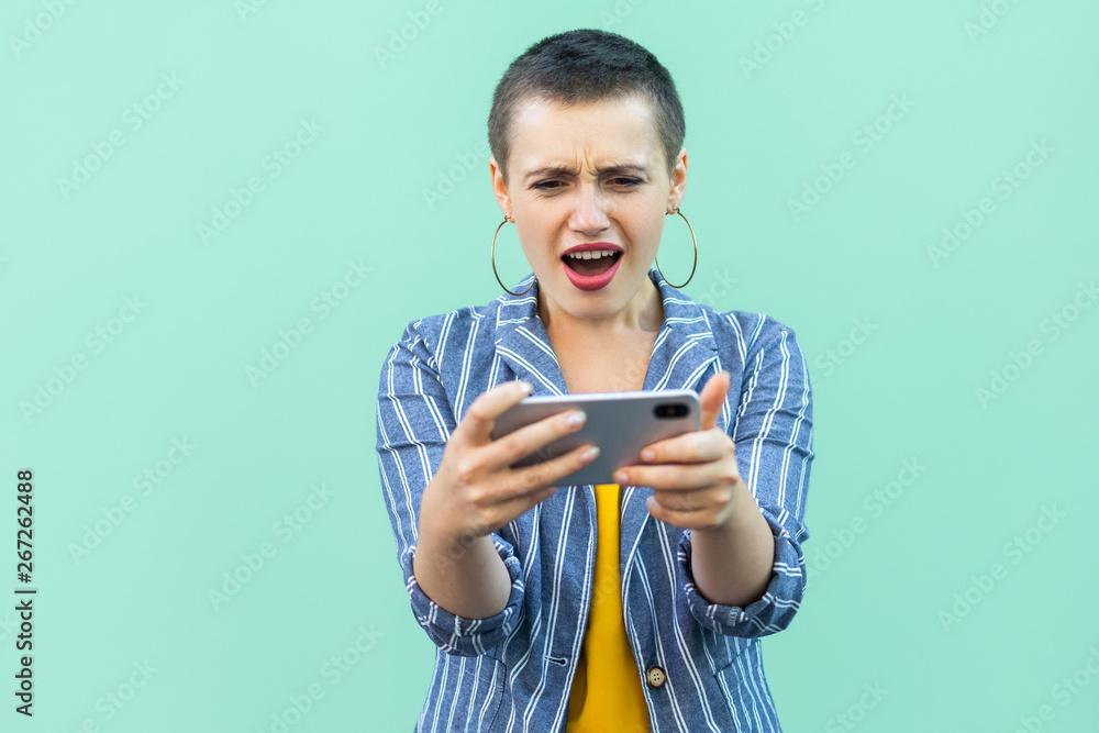 No way! Portrait of beautiful unbelievable with short hair young woman ...