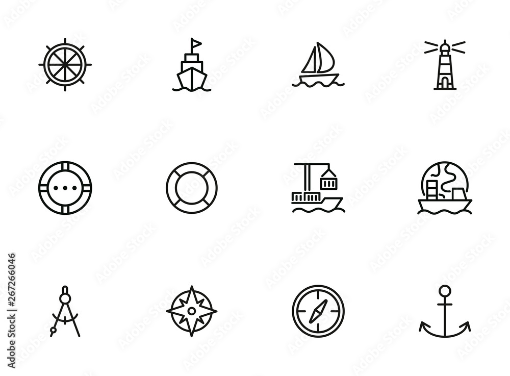 Ocean port line icon set. Boat, ship, lighthouse, compass. Marine ...