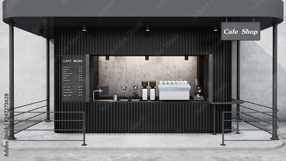 Front view Cafe shop & Restaurant design. Modern minimal metal black ...