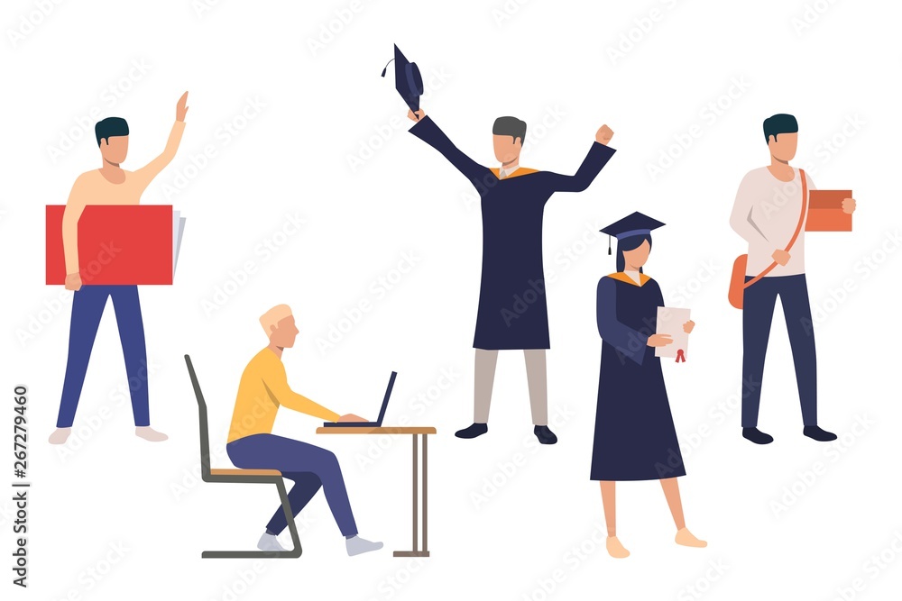 Collection of graduating university students. Flat cartoon characters ...