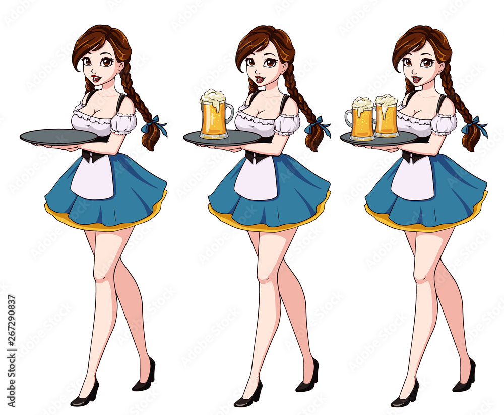 Cartoon Vector Illustration With Sexy Waitress With Brown Hair Wearing