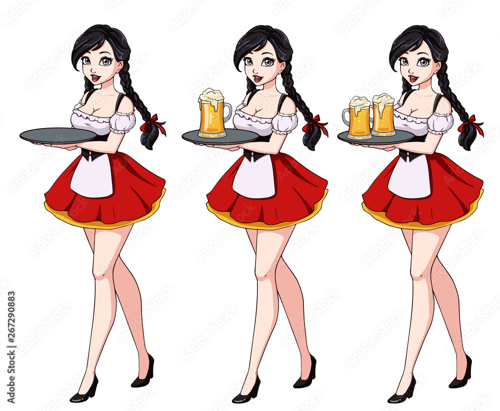 Cartoon Vector Illustration With Sexy Brunette Waitress Wearing Red