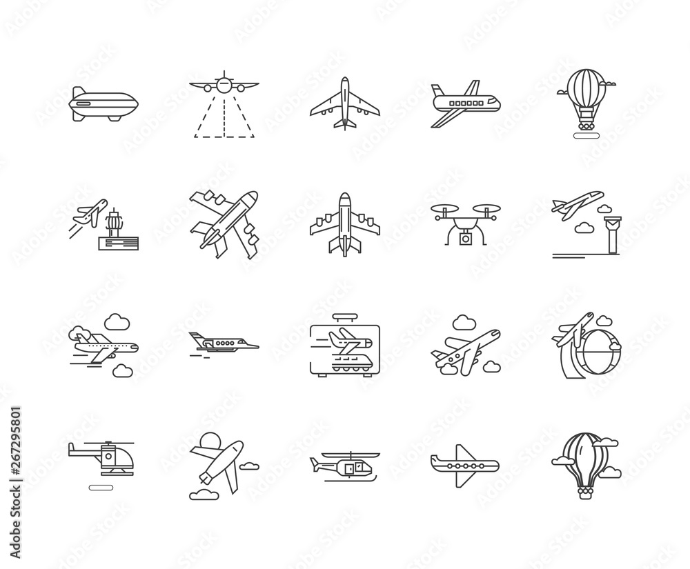 Airplane line icons, linear signs, vector set, outline concept ...