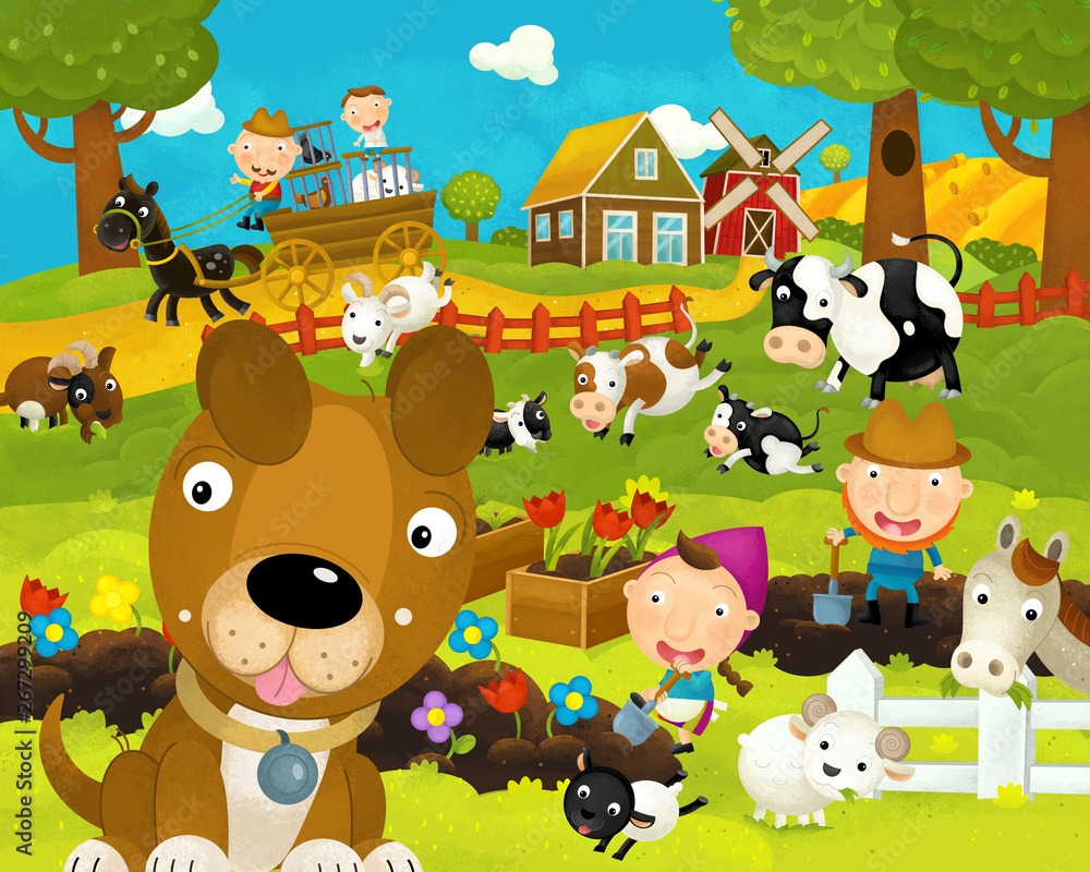 cartoon happy and funny farm scene with happy and funny dog ...