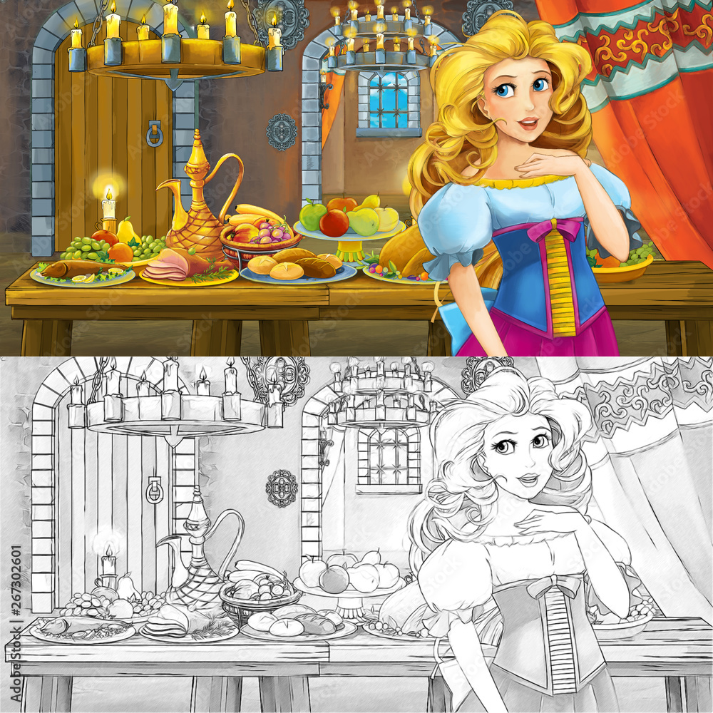 Cartoon fairy tale scene with princess by the table full of food with ...
