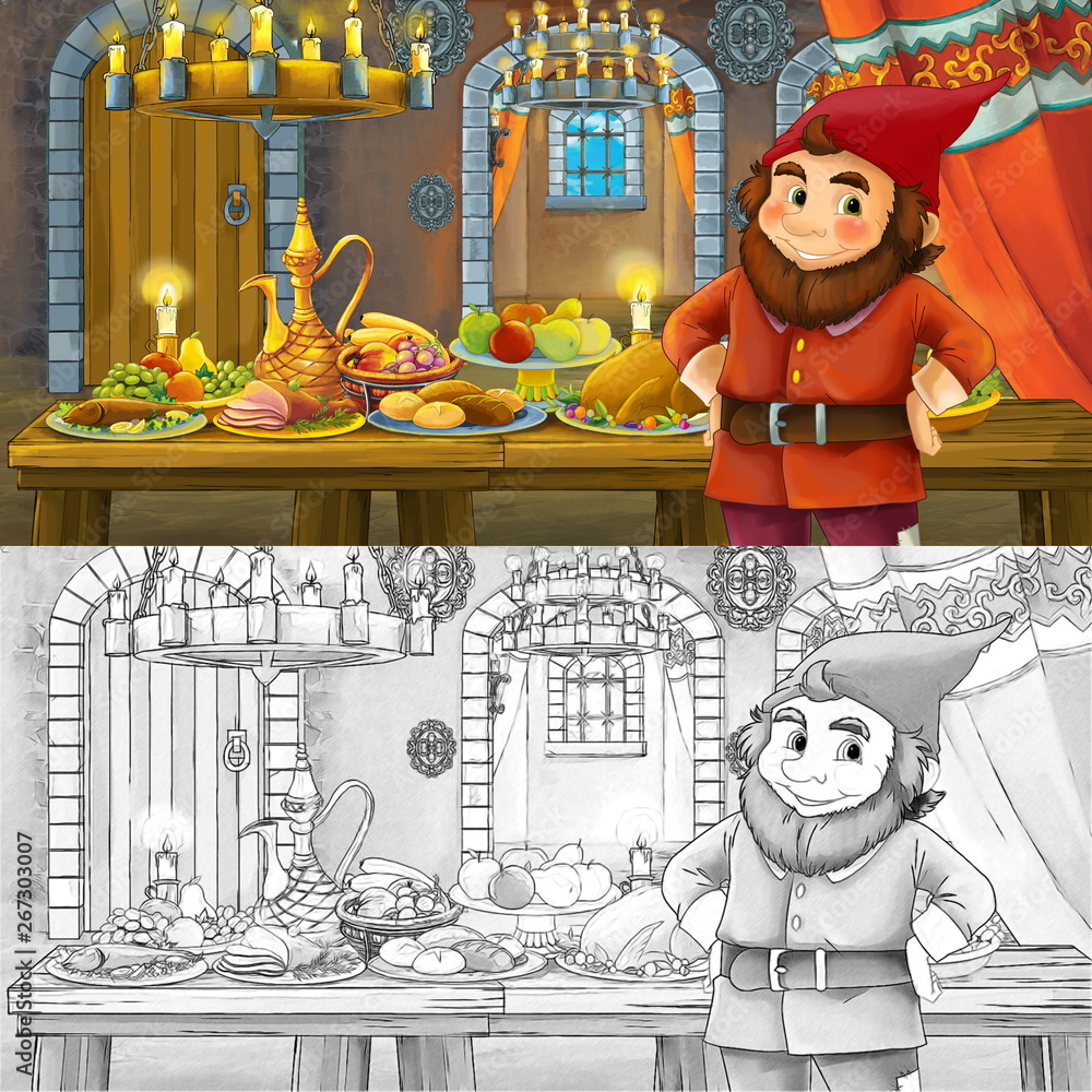 Cartoon fairy tale scene with dwarf prince by the table full of food ...