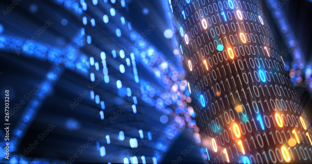 Abstract blue and orange digital binary code matrix background with ...