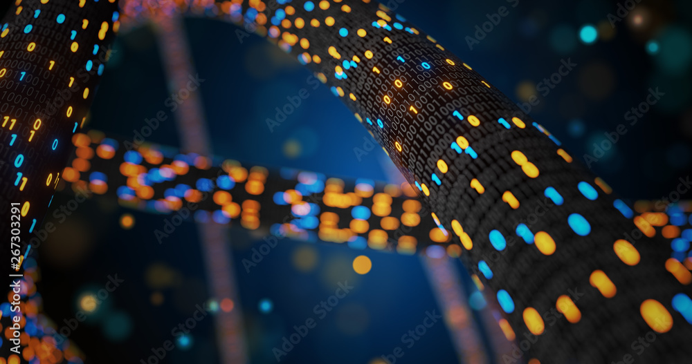 Abstract blue and orange digital binary code matrix background with ...