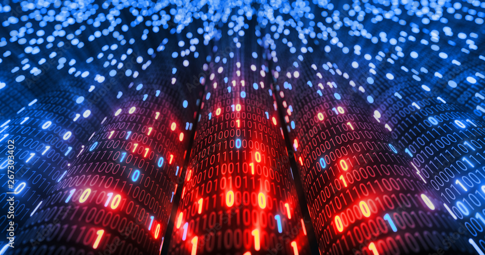 Hacking red and blue digital binary code matrix 01 background. Hacker ...