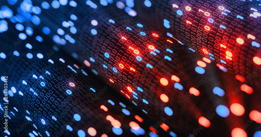 Hacking red and blue digital binary code matrix 01 background. Hacker ...