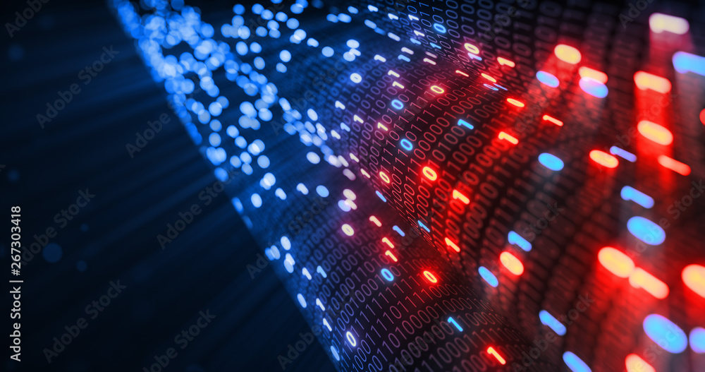 Hacking red and blue digital binary code matrix 01 background. Hacker ...