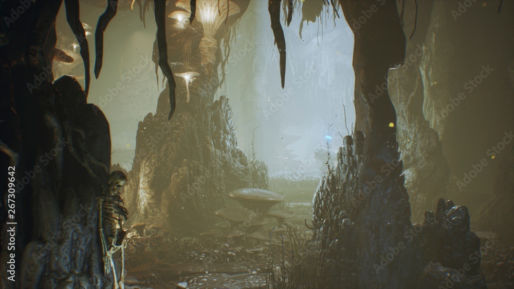 Ancient huge fantasy cave filled with ancient mushrooms and magical fog ...