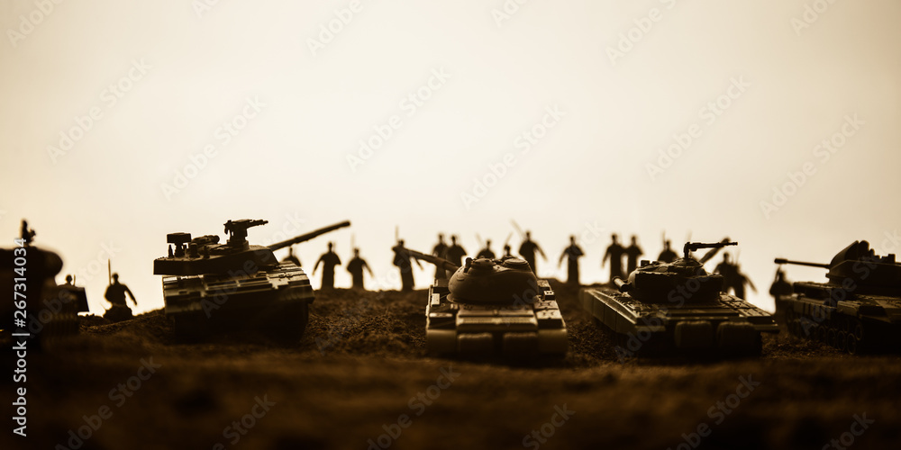 War Concept. Military silhouettes fighting scene on war fog sky ...