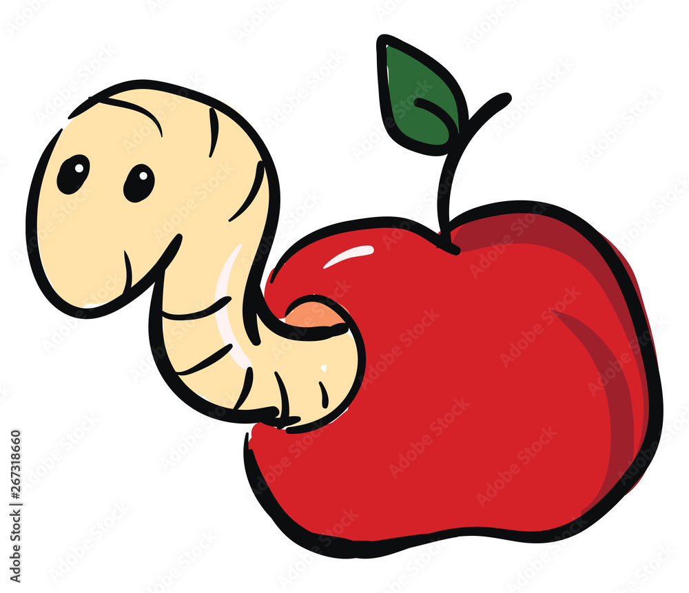 Drawing of a brown worm peeping out of the apple fruit, vector or color ...