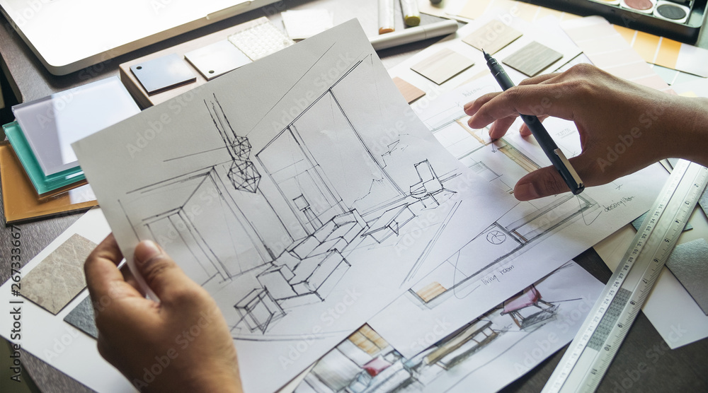 Architect designer Interior creative working hand drawing sketch plan ...