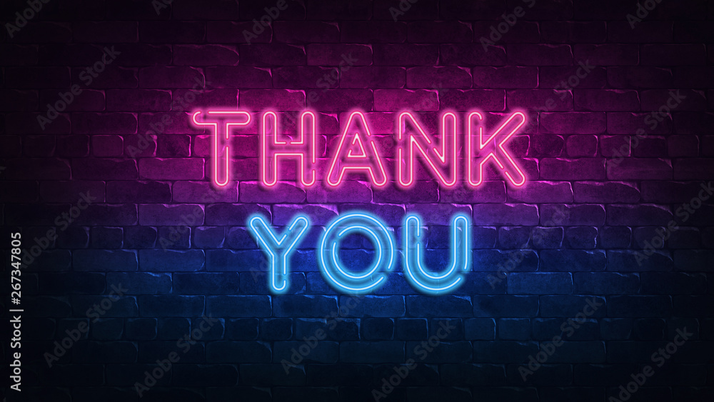 Thank you! neon sign. purple and blue glow. neon text. Brick wall lit by neon lamps. Night ...