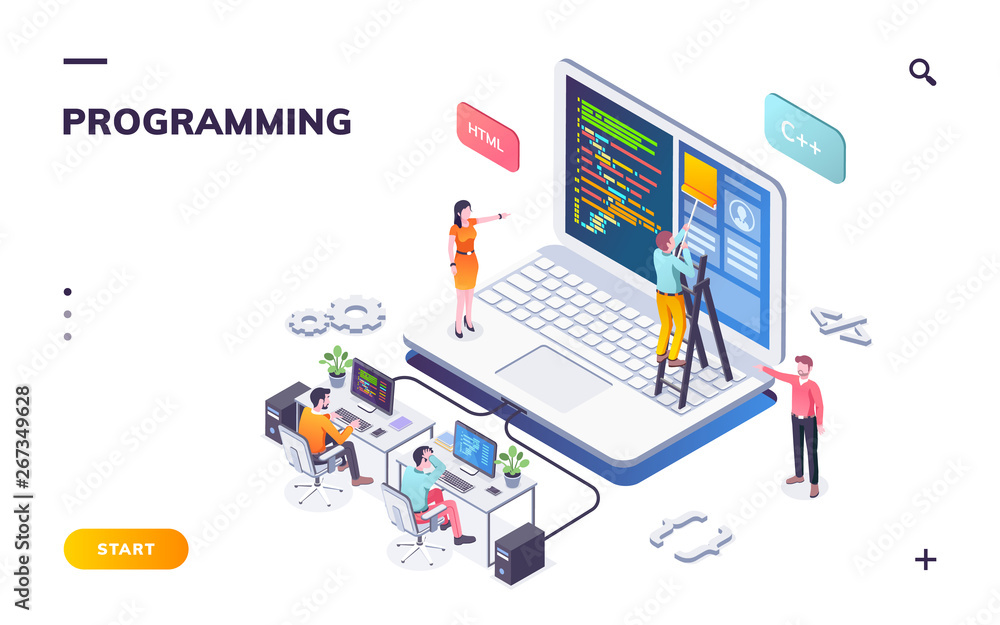 Programming office with developers and notebook. Coders or programmers ...