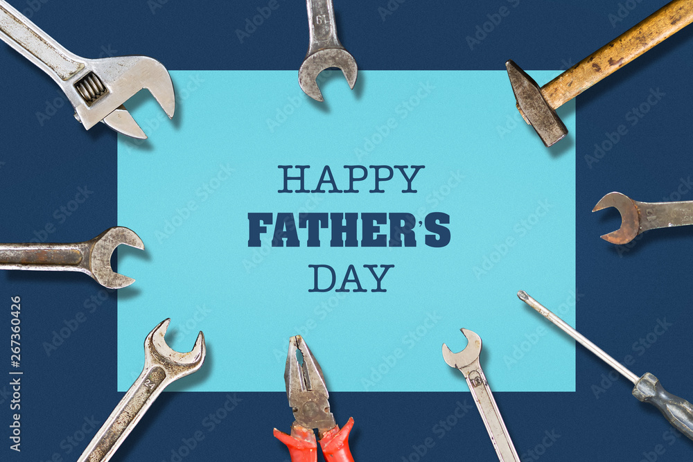 Happy father's day background. Different tools on dark background ...