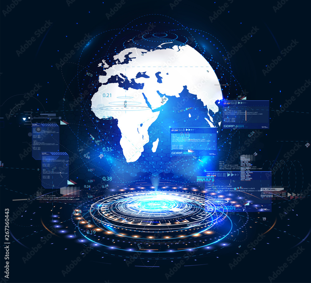 HUD UI GUI interface control center. Planet Earth in future futuristic ...