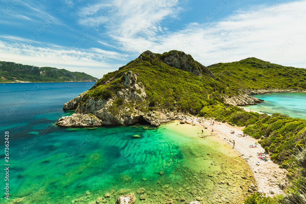 Afionas beach (Porto Timoni) as seen from a higher angle with crystal ...