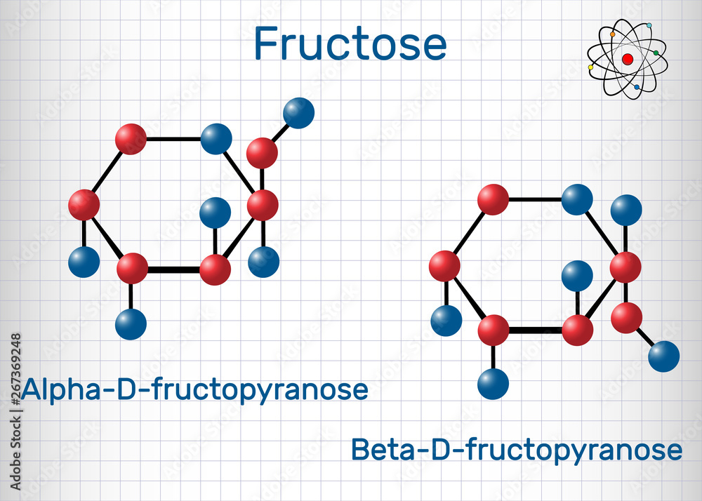 Fructose, alpha-D-fructopyranose, beta-D-fructopyranose molecule ...