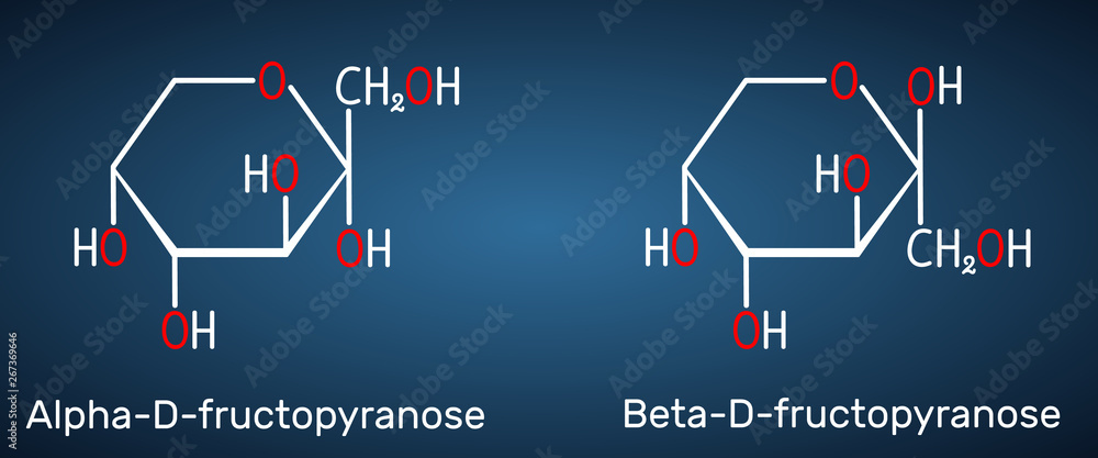 Fructose, alfa-D-fructopyranose, bèta-D-fructopyranose molecuul. Cyclische vorm. Structurele ...