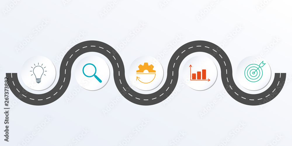Timeline infographic design with winding road map. 5 steps, options or ...