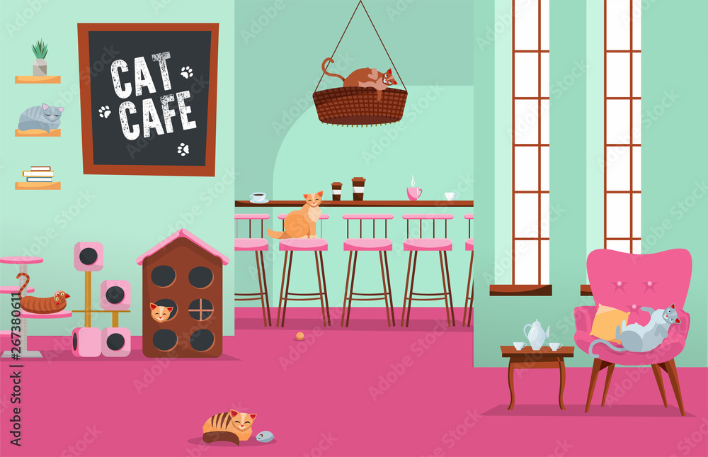 Interior cat cafe. Cozy place with many cats in armchairs and houses ...