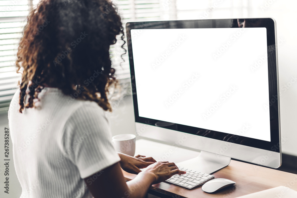 African american black woman using computer with white mockup blank ...