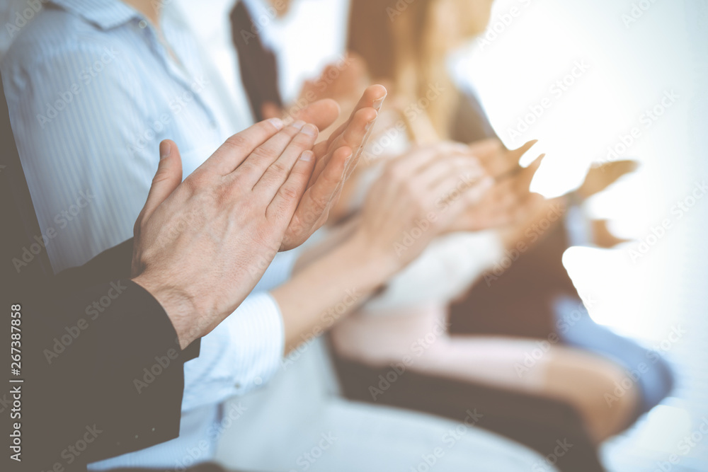 Business people clapping and applause at meeting or conference, close ...