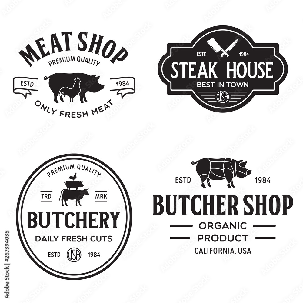 Set of Butcher Shop and Butchery hand written lettering logo, label ...