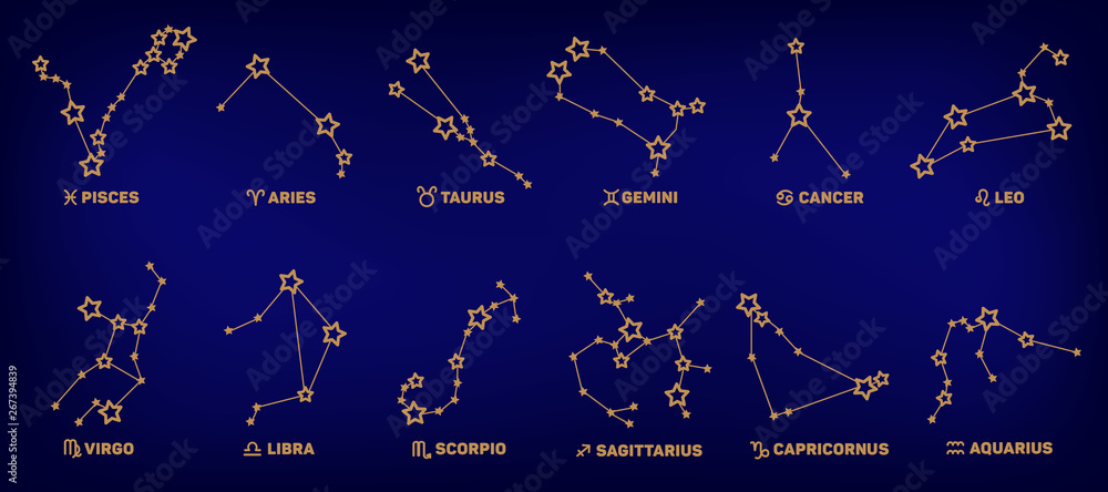 Vector set of Zodiac signs, stars, golden color in a dark blue ...