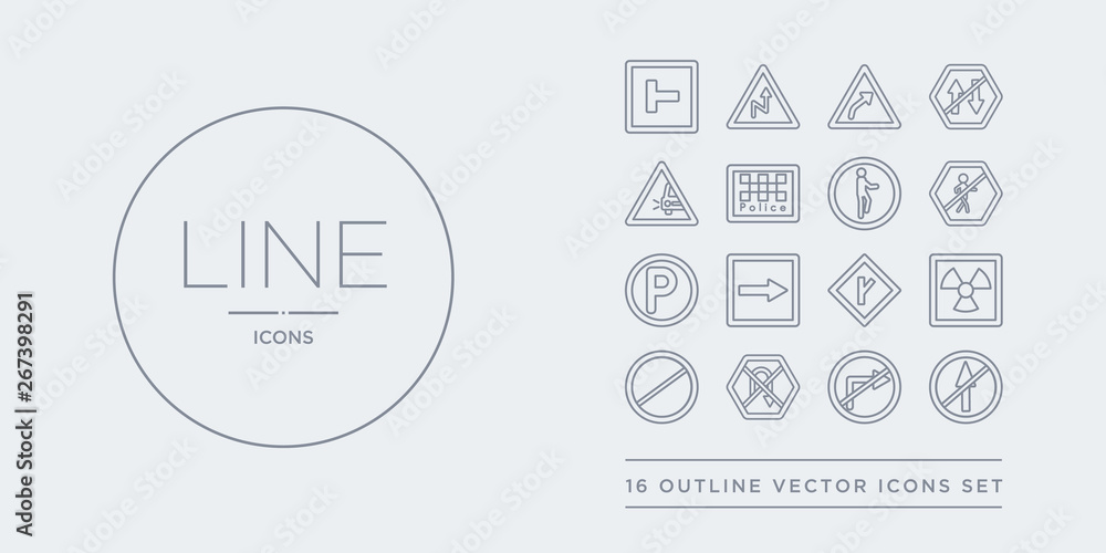 16 line vector icons set such as no straight, no turn right, no turn ...