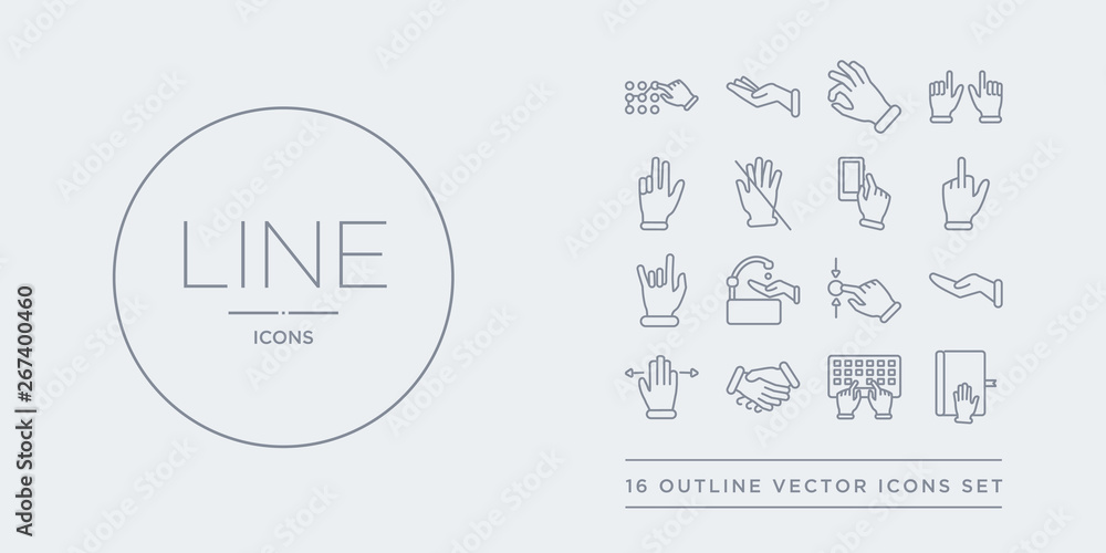 16 line vector icons set such as hand swear, hands and keyboard ...