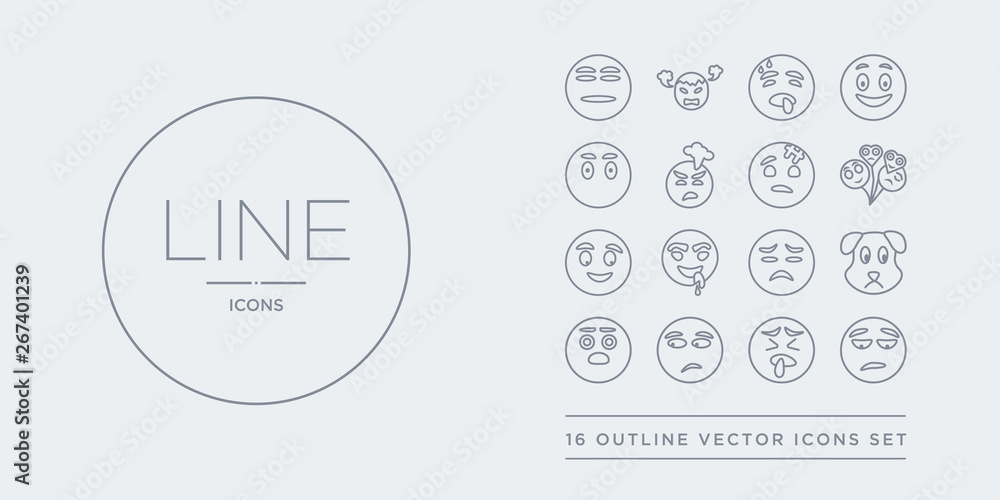 16 line vector icons set such as disappointed emoji, disgusted emoji ...