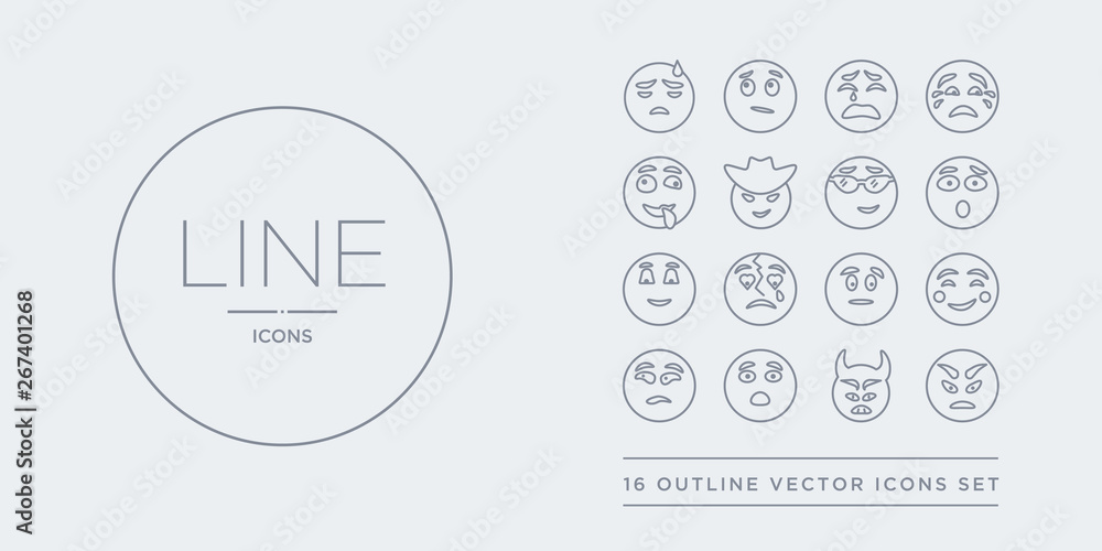 16 line vector icons set such as angry emoji, angry with horns emoji ...