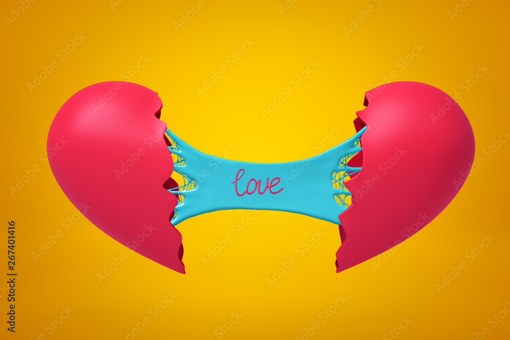 3d rendering of two halves of broken heart joined with blue sticky ...